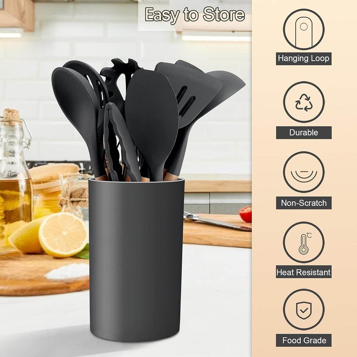 Kitchen Utensils Set of 12, Silicone Cooking Utensils with Holder ...